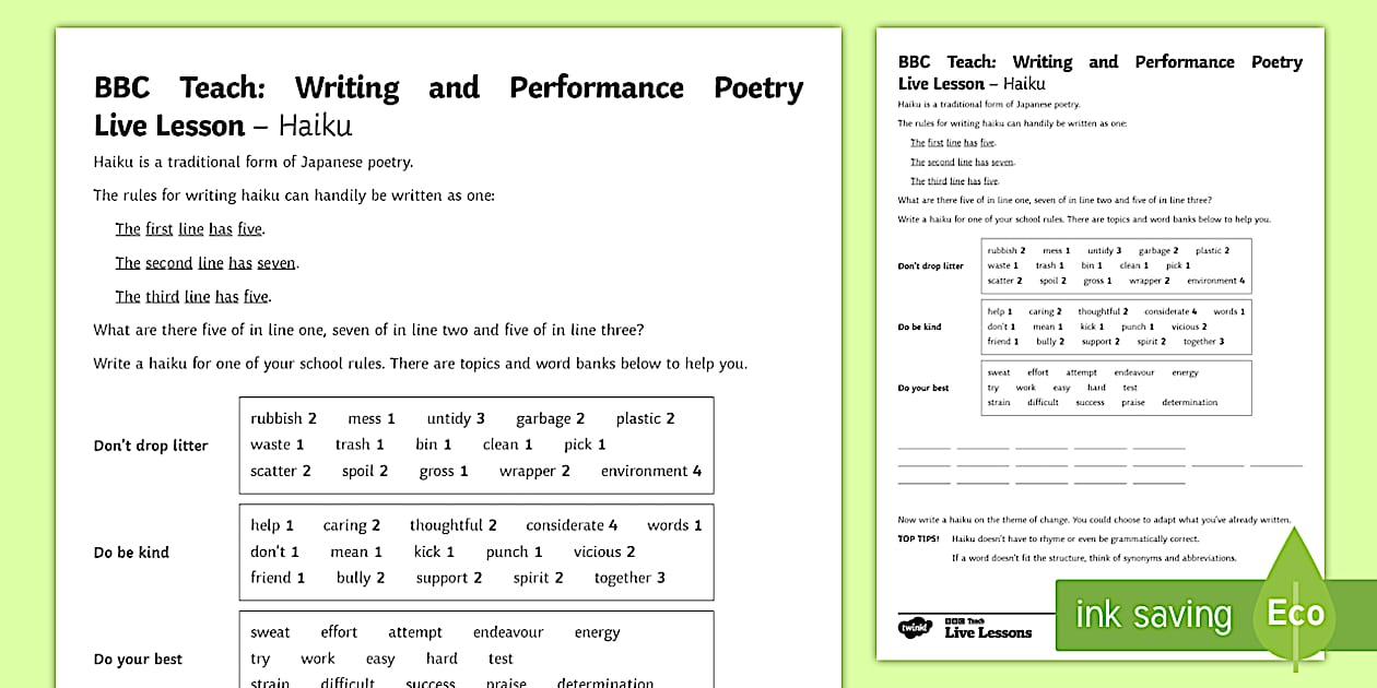 BBC Teach: Writing and Performance Poetry Live Lesson - Haiku Worksheet