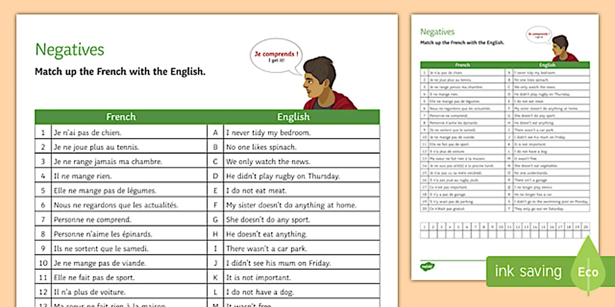 French Negatives Match-Up Worksheet / Worksheet - Twinkl