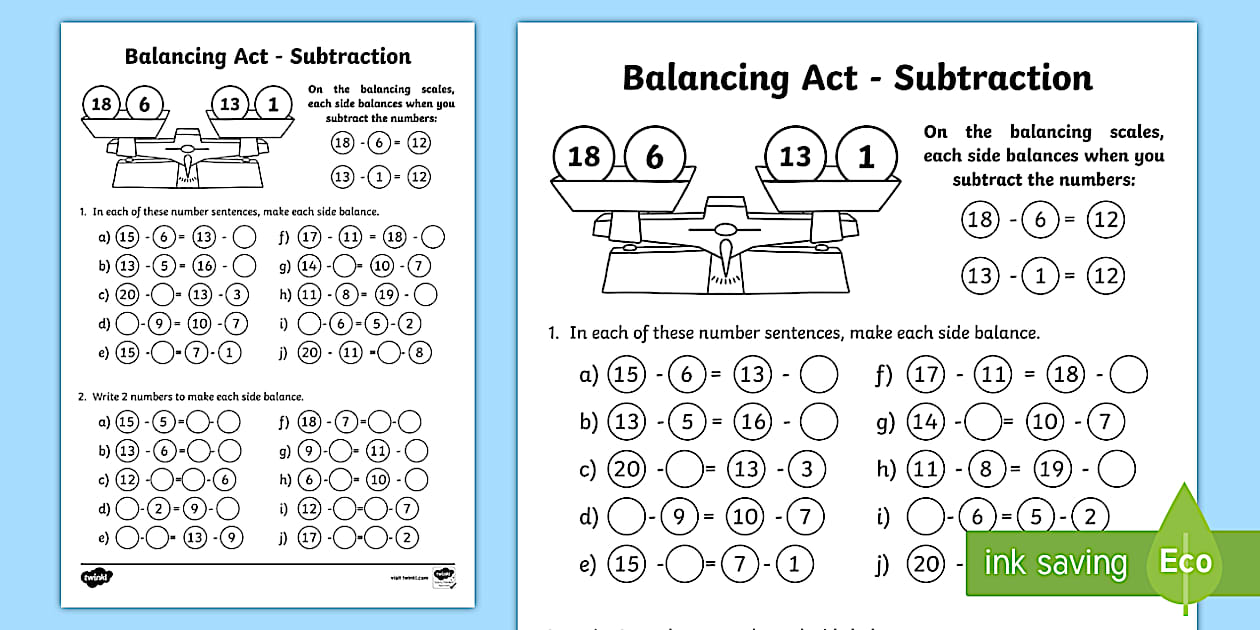 KS1 Balancing Act Subtraction Worksheet / Worksheet - Twinkl