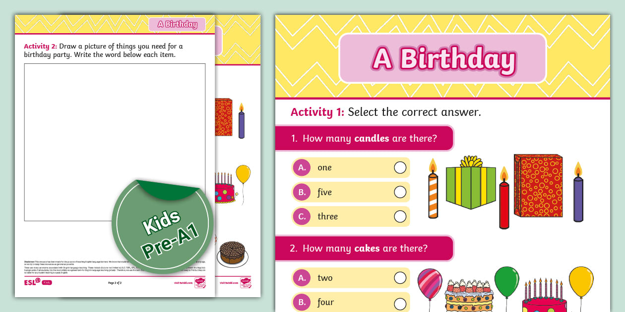 ESL Birthday Activity Sheet {Kids} (teacher made) - Twinkl