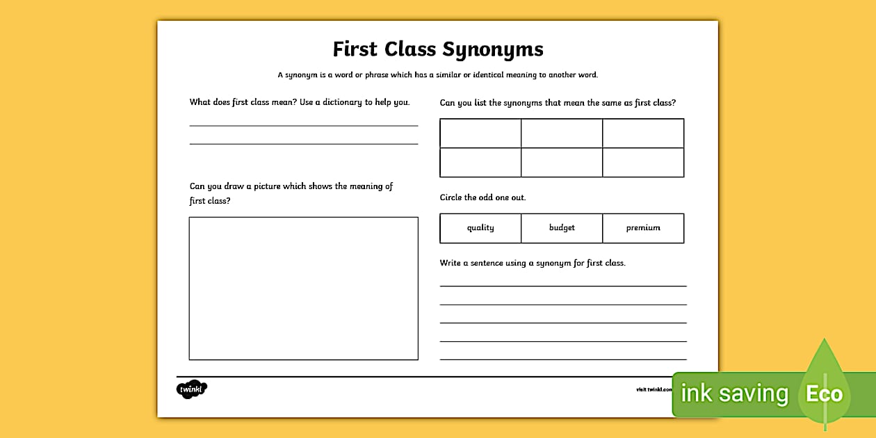 First Class Synonyms Worksheet (teacher made) - Twinkl