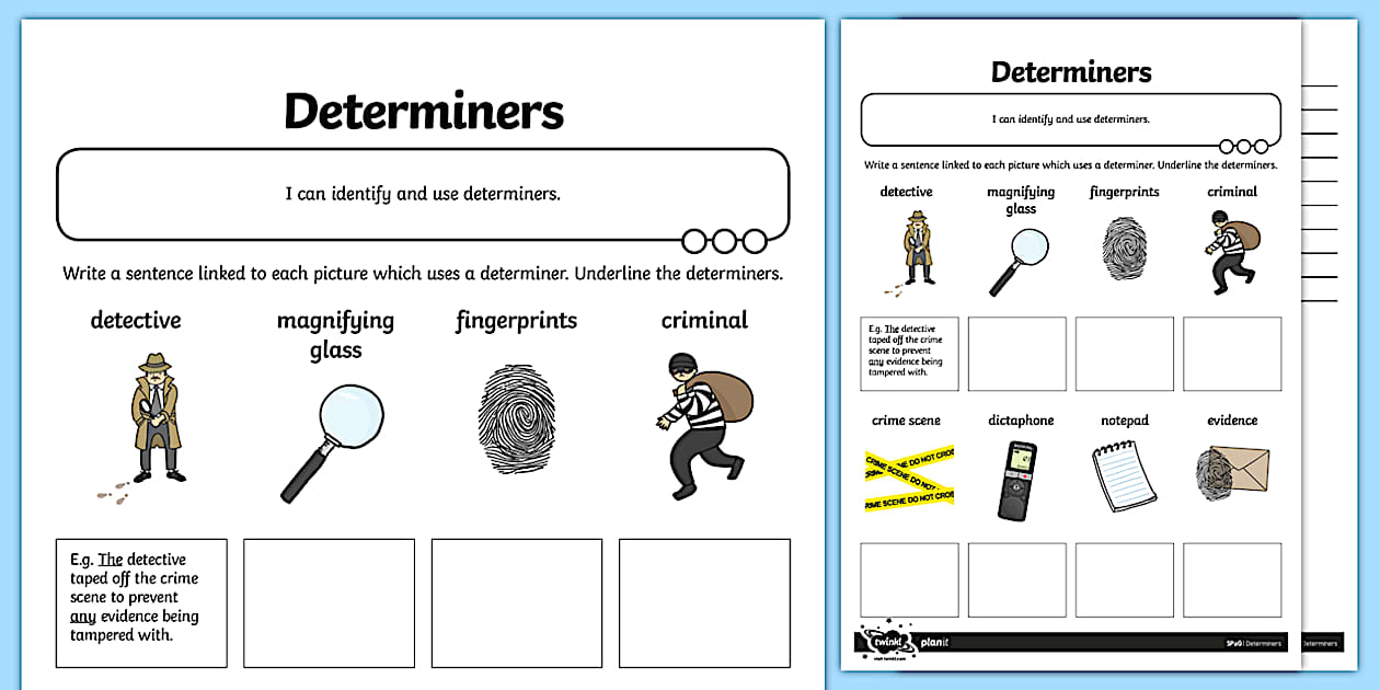 Black and White Determiners Application Worksheet - Twinkl