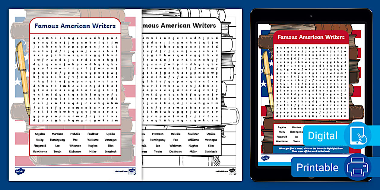 Eighth Grade Famous American Writers Word Search - Twinkl