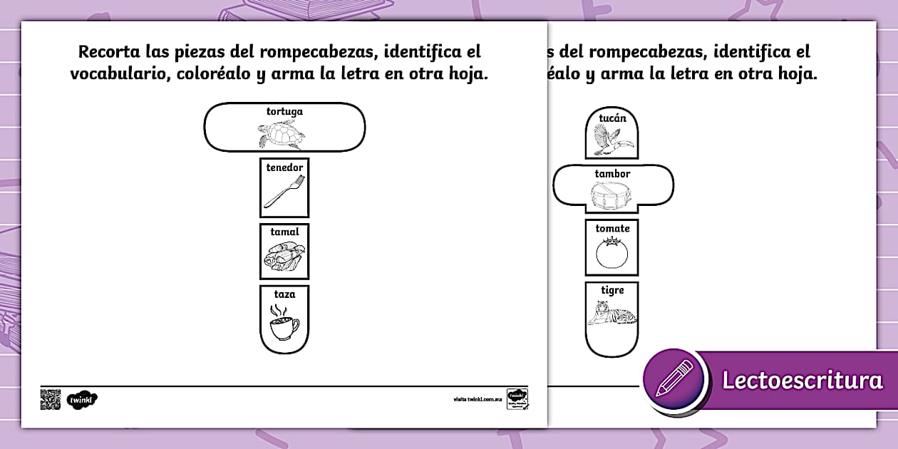 Hoja de actividad: Rompecabezas de la letra T (teacher made)