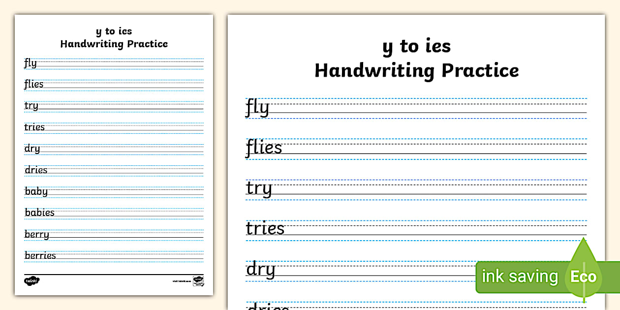 'y' to 'ies' Handwriting Practice Spelling Worksheet