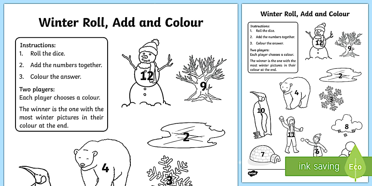 Winter Themed Roll and Colour Activity Sheet Game - Twinkl