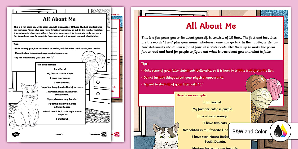 All About Me Poem Activity Worksheet for 6th-8th Grade