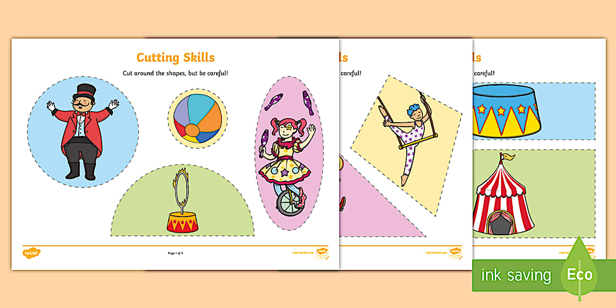 Black and White Circus Themed Cutting Skills Worksheets