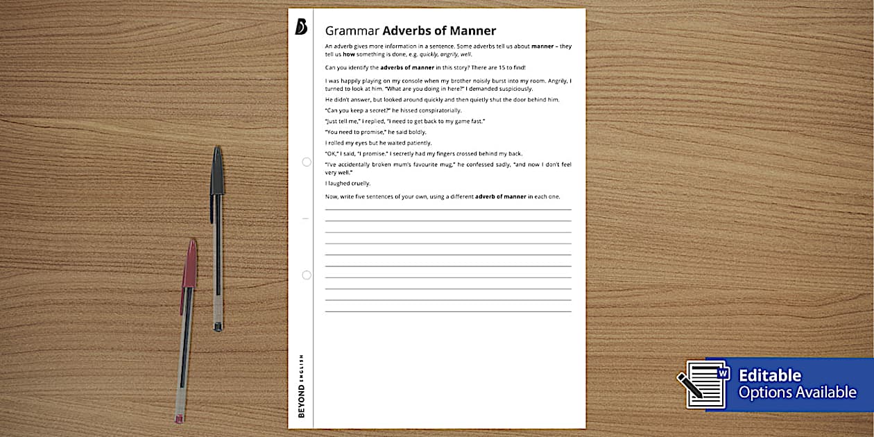 Adverbs of Manner Worksheet | KS3 SPaG | Beyond English