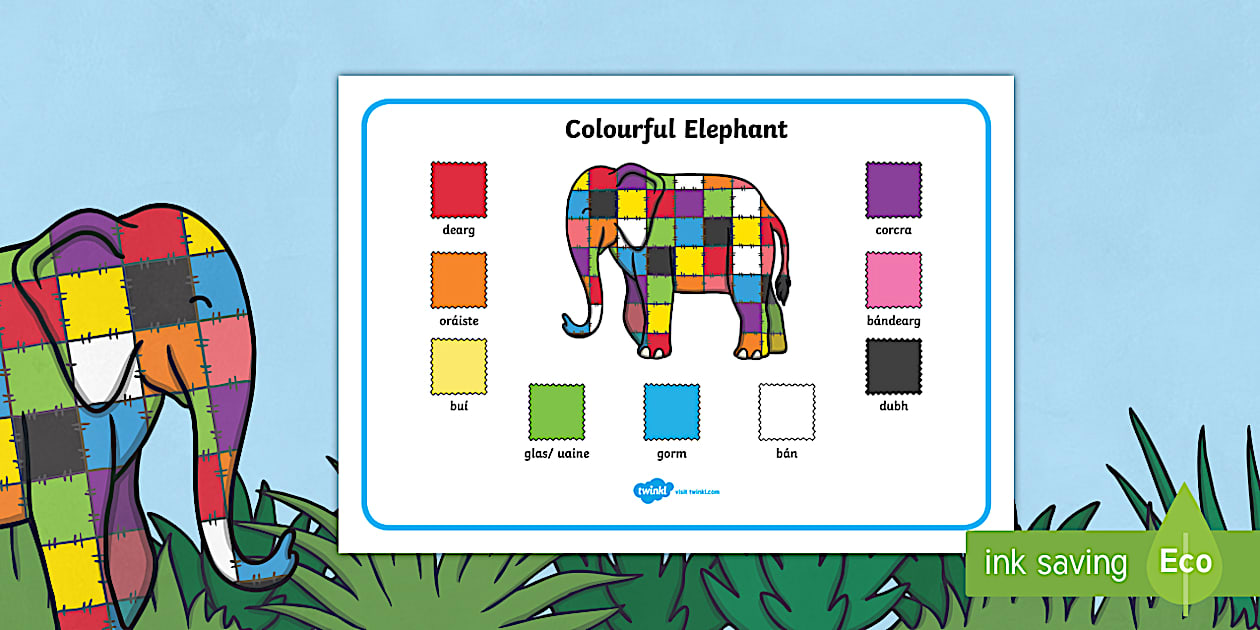 Elmer Colour Word Mat Gaeilge (professor feito) - Twinkl