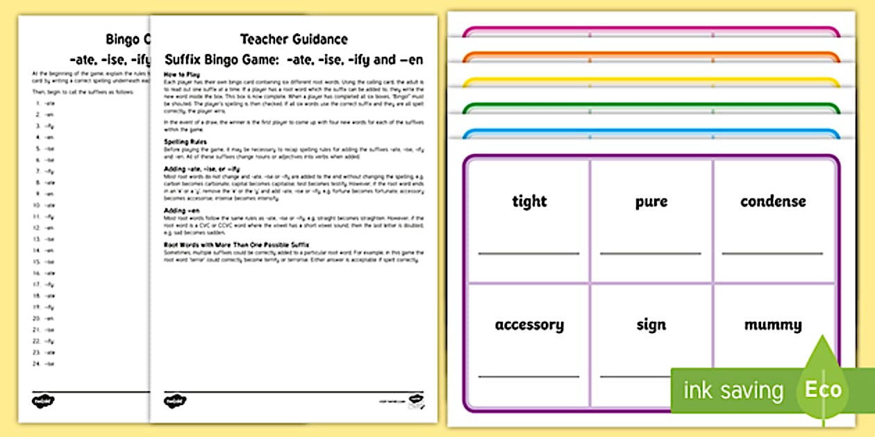 KS2 -ate, -ise, -ify and -en Suffix Bingo Game - Twinkl