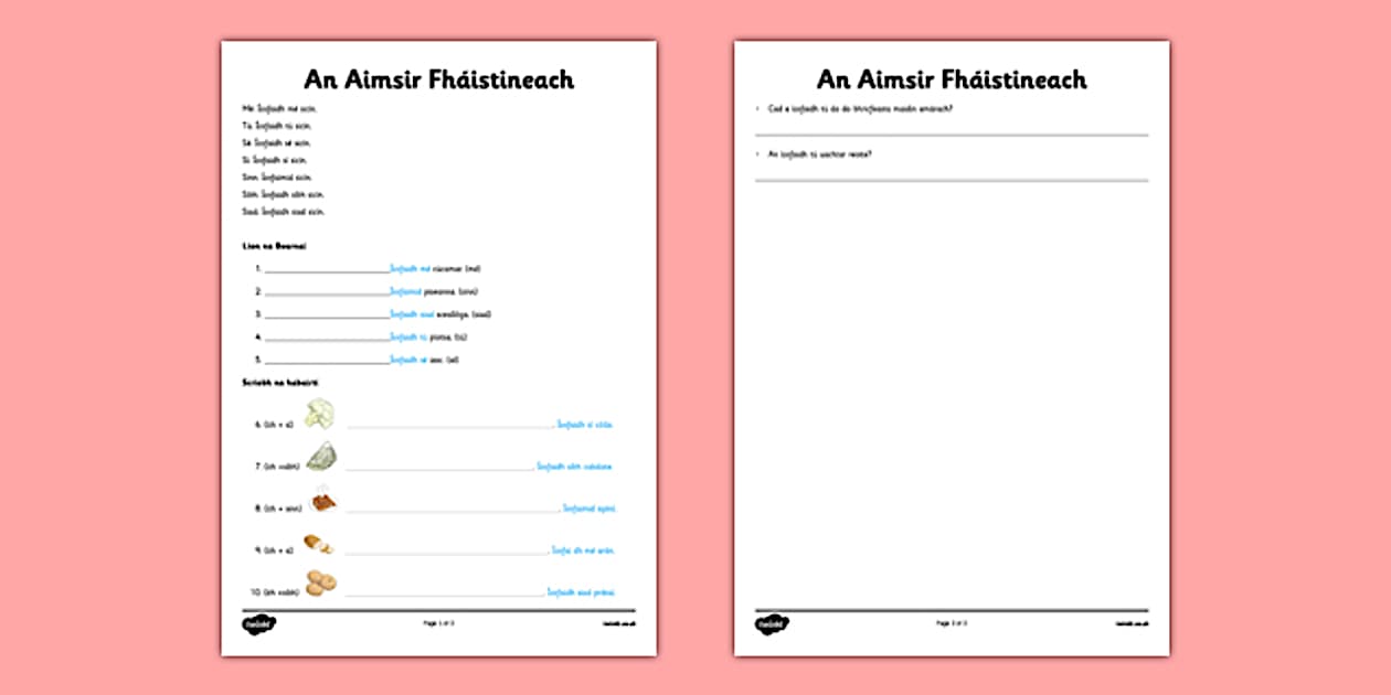 Black and White Gaeilge - Bia - Worksheet, An Aimsir Fháistineach, Ith