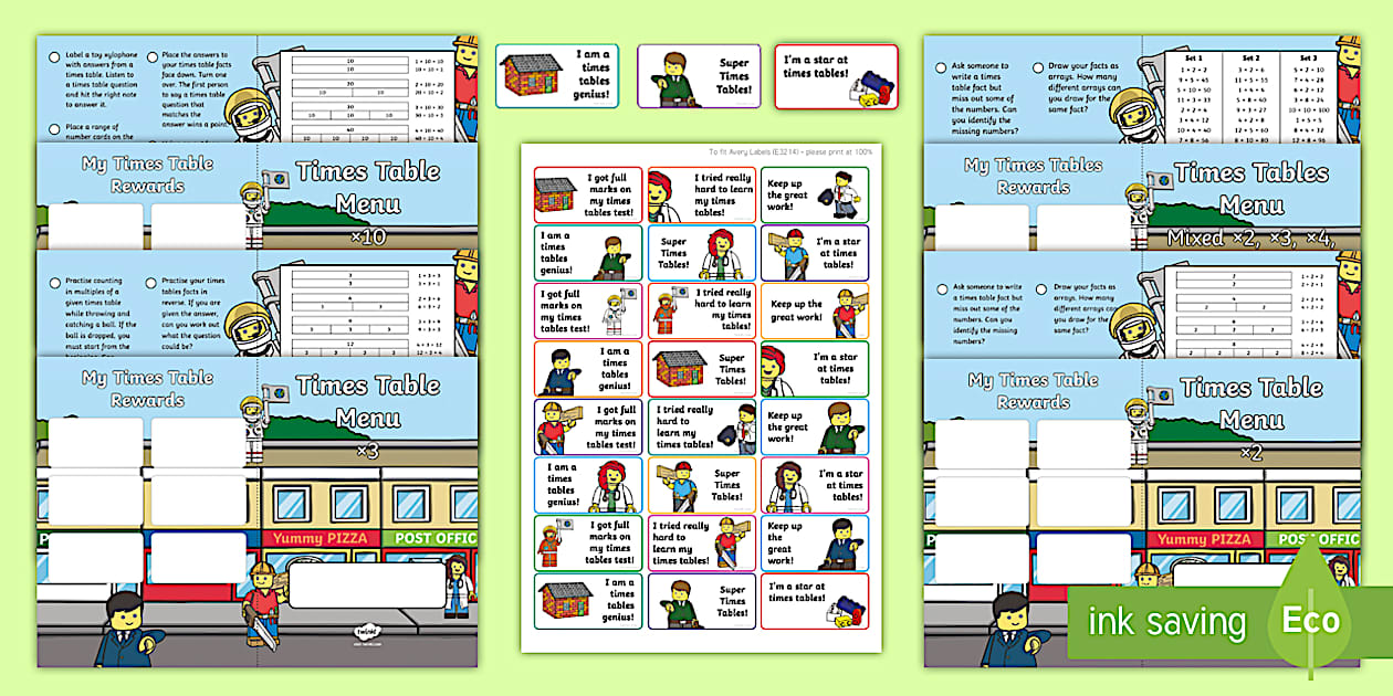 Editable Year 3 Building Brick Themed Times Tables Menu Pack