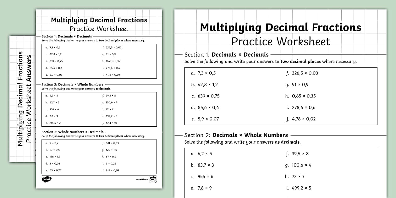 Multiplying Decimal Fractions: Practice Worksheet - Twinkl