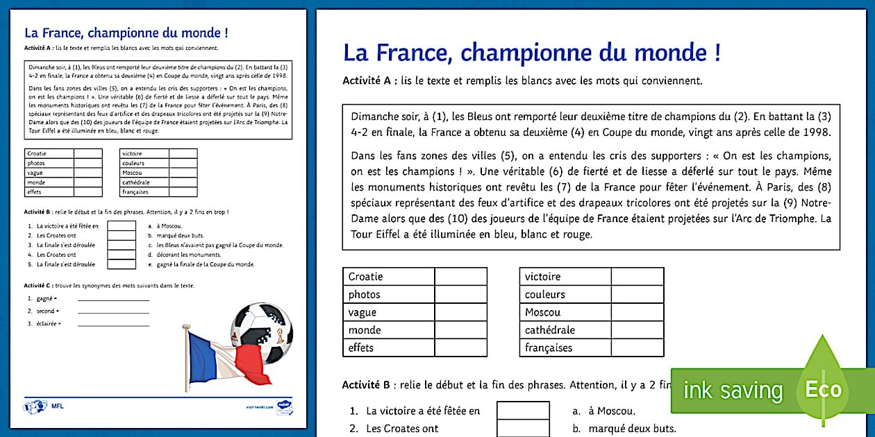 World Cup Final Differentiated Worksheet French - Twinkl