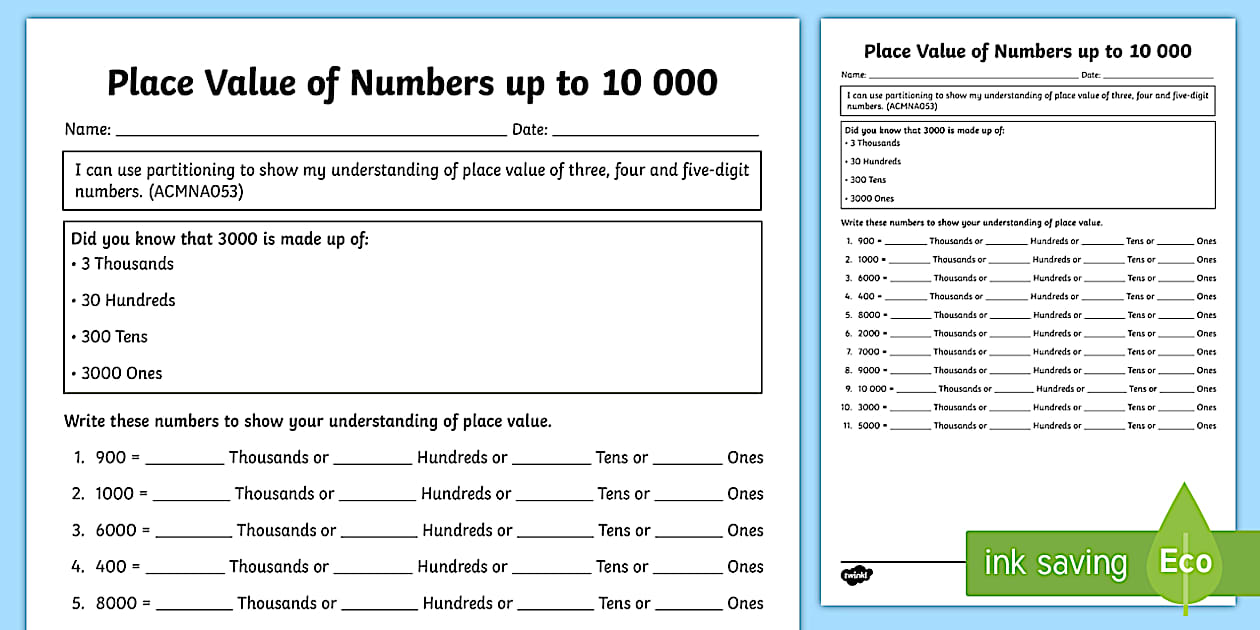 Place Value of Numbers up to 10 000 Worksheet / Worksheet