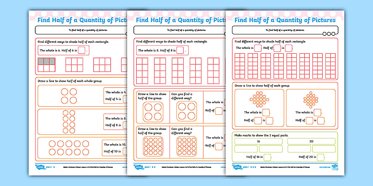 👉 Find Half of a Quantity of Pictures Activity Sheets