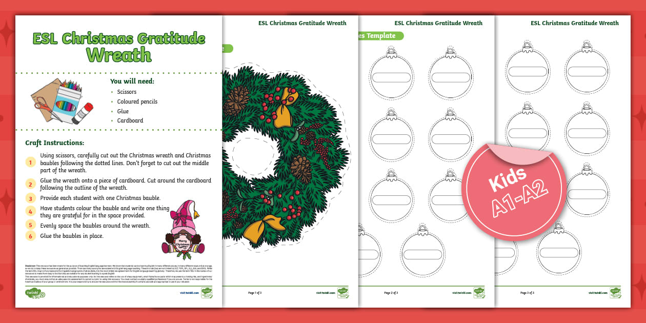 ESL Christmas Gratitude Wreath: Craft Activity [Kids, A1-A2]