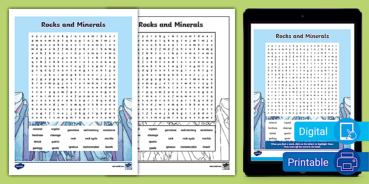 Rocks and Minerals Word Search for 6th-8th Grade - Twinkl
