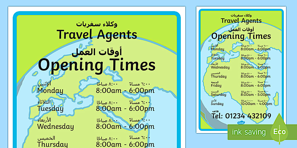 Travel Agents Opening Times Role Play Sign Arabic/English