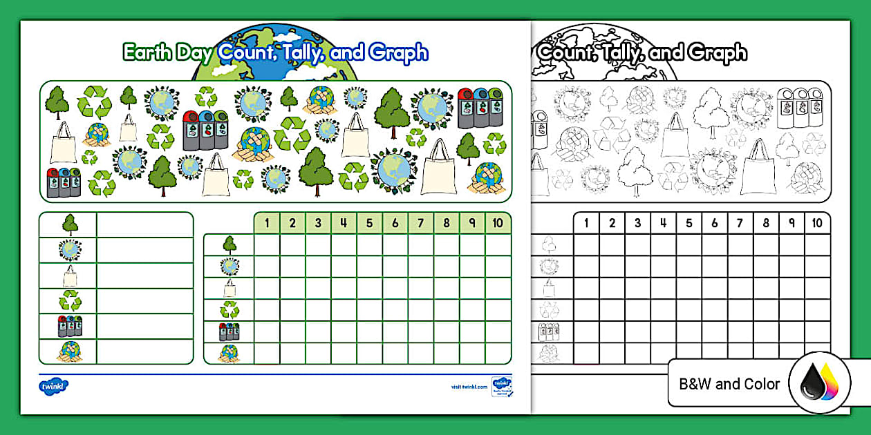 First Grade Earth Day Count, Tally, and Graph Worksheet
