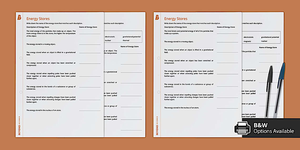 Energy Stores Worksheet