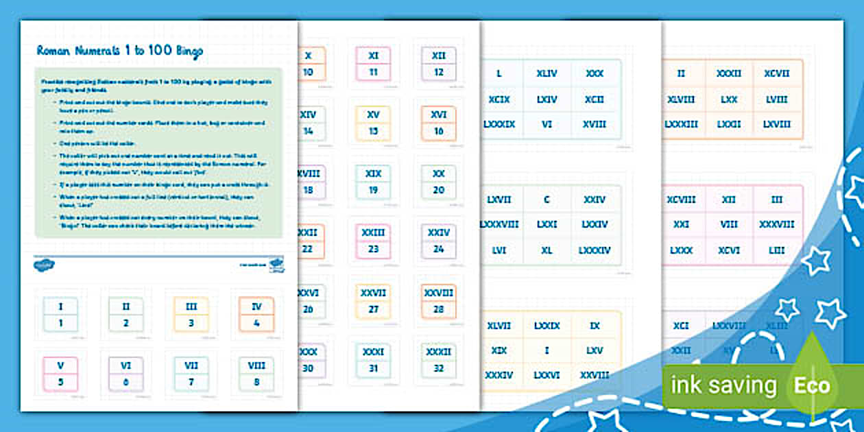 Roman Numerals 1 to 100 Bingo (Ages 8 - 9)