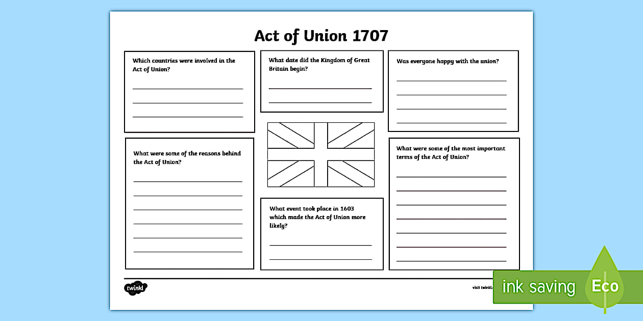Act of Union 1707 Research Worksheet / Worksheet - Twinkl