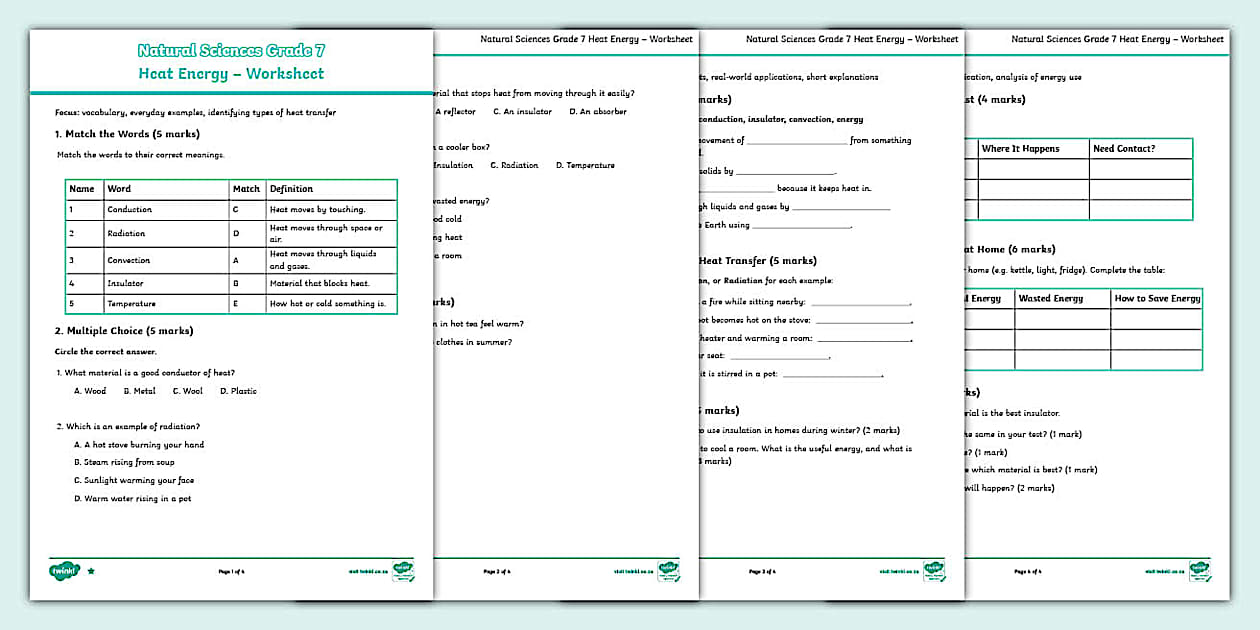 Natural Science Grade 7 Heat Transfer Differentiating Worksheets