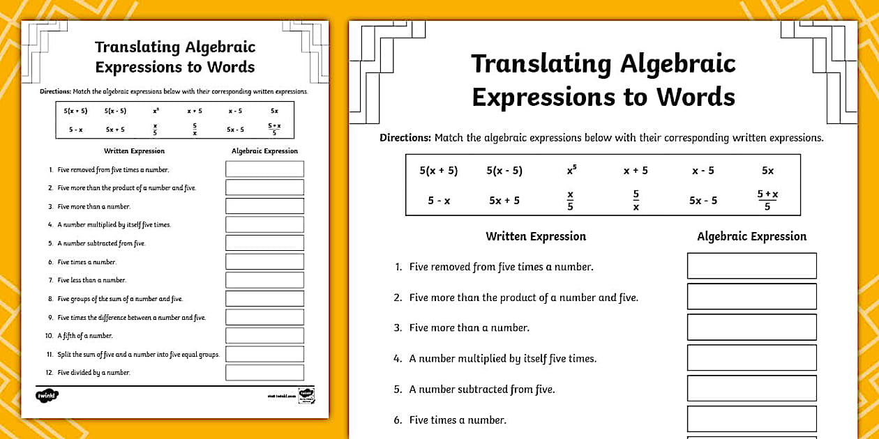 Sixth Grade Translating Algebraic Expressions to Words Practice
