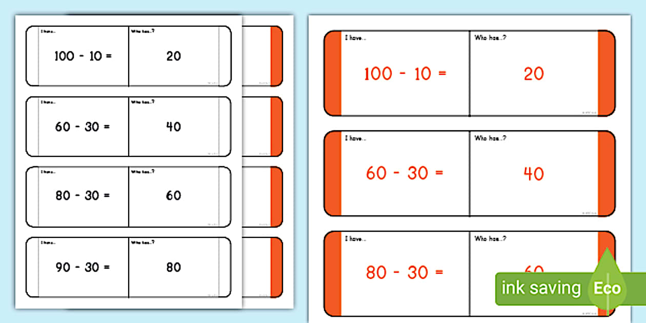 Subtracting Multiples of Ten I Have, Who Has Game - Twinkl