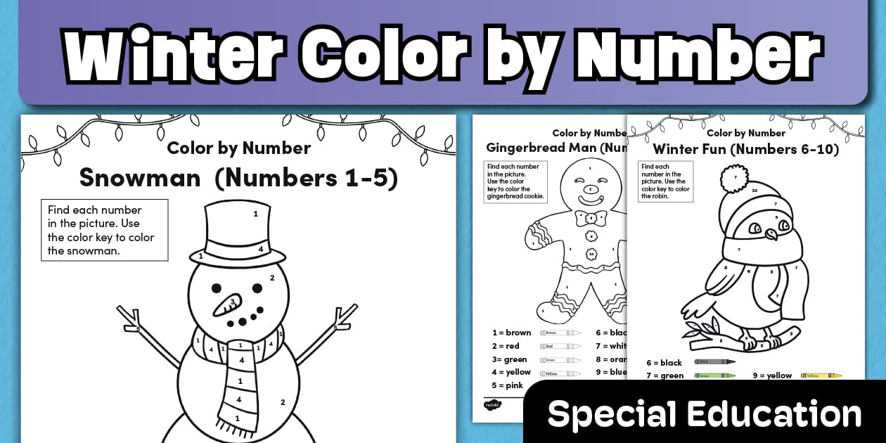 Winter Color by Number Worksheets for Special Education