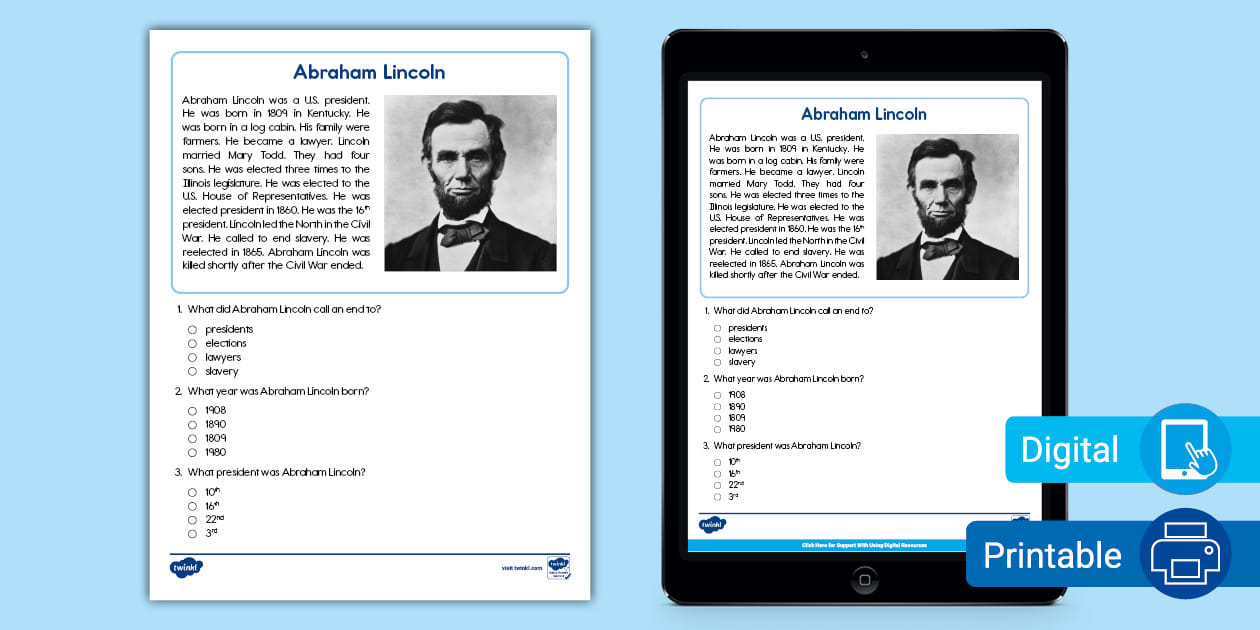 Kindergarten Abraham Lincoln Reading Passage Comprehension