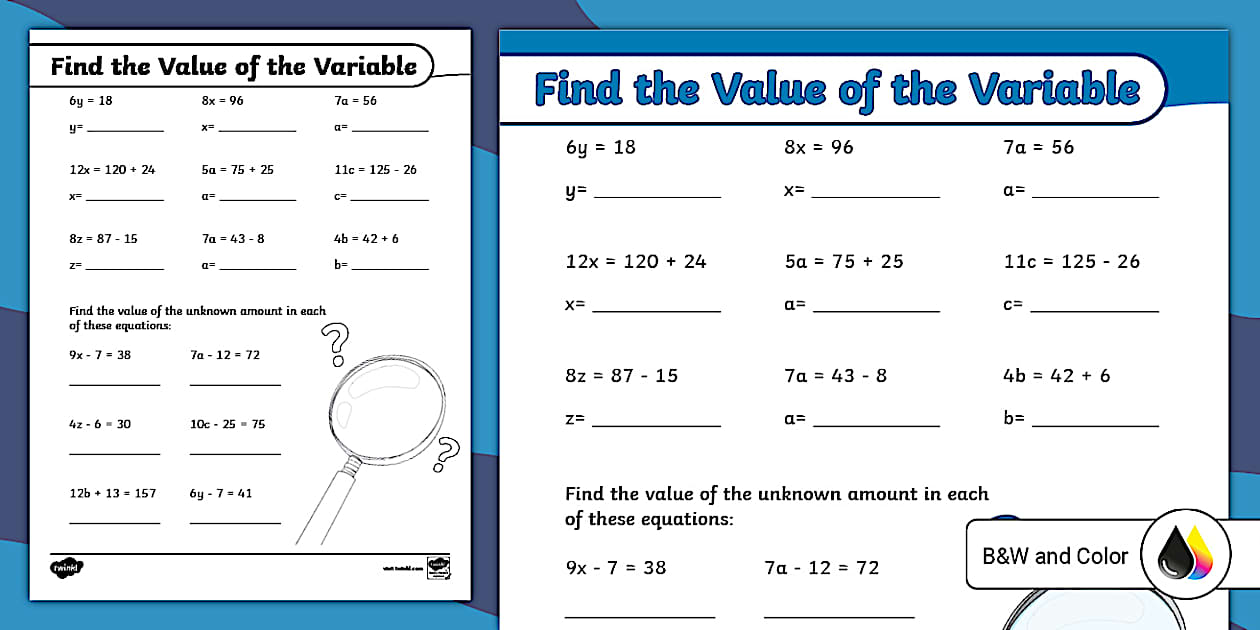 Fifth Grade Find the Value of the Variable Worksheet