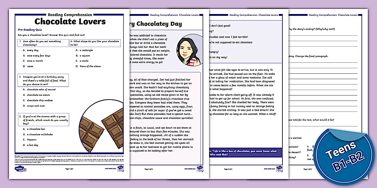 ESL Reading Comprehension Chocolate Lovers - Twinkl