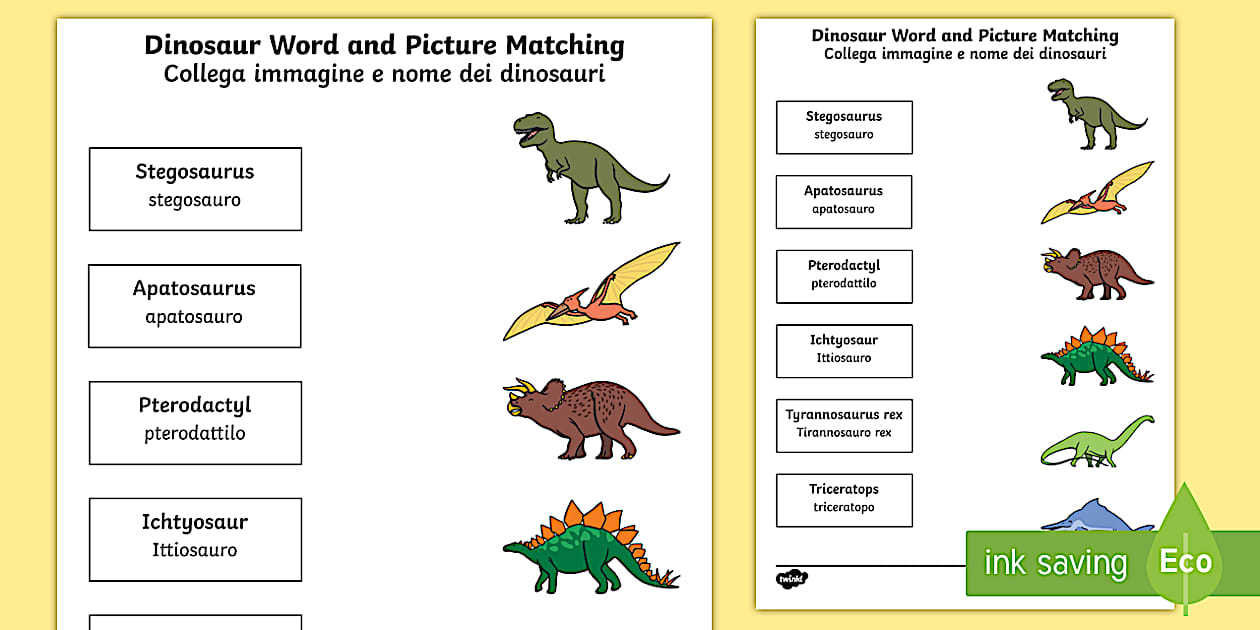 Dinosaur Word and Picture Matching Worksheet / Worksheet English/Italian