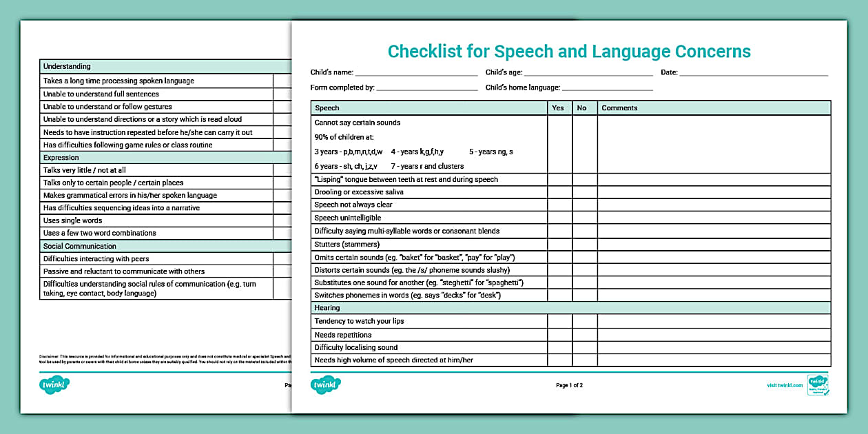 Speech and Language Concerns Checklist - Twinkl