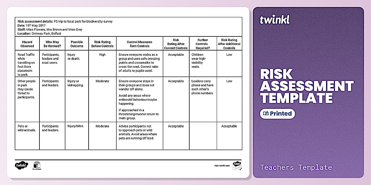 School Risk Assessment Template | KS1 and KS2 | Twinkl