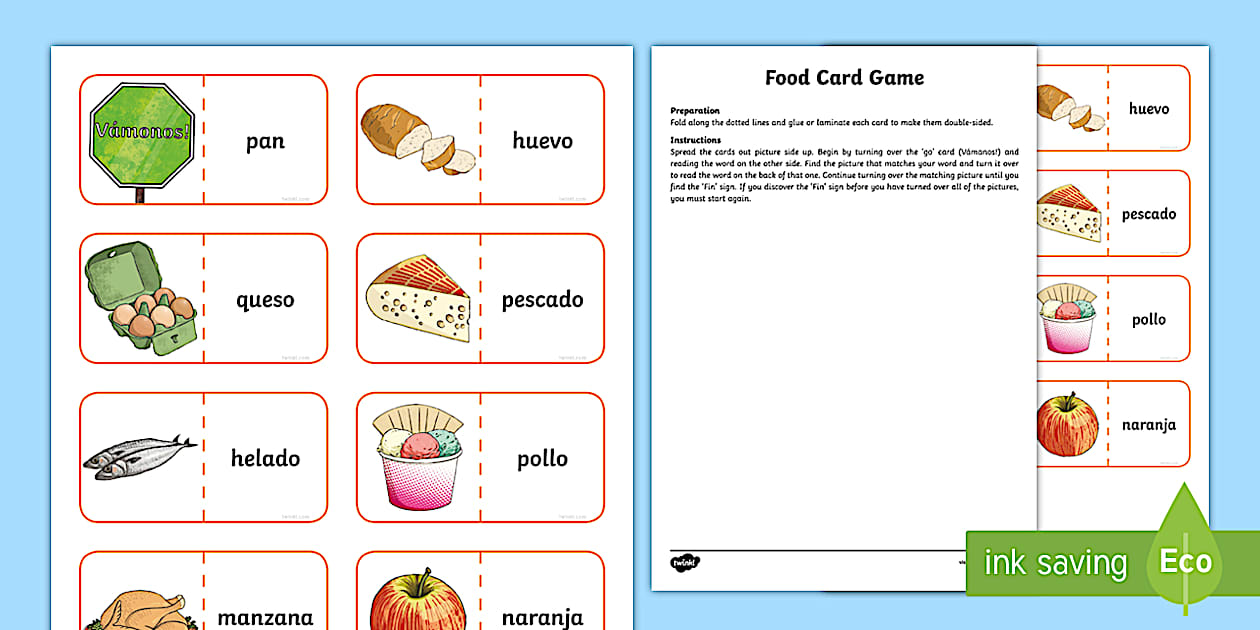 Different Food Card Game - English / Spanish - Inglés