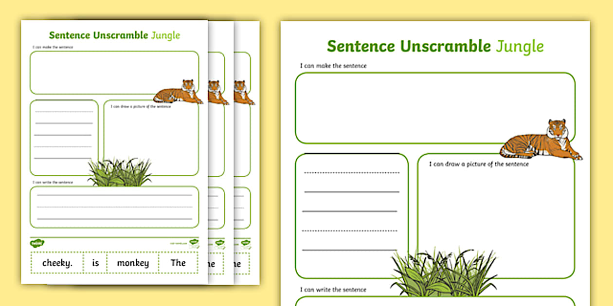 Editable Jungle Sentence Unscramble Worksheets - Twinkl