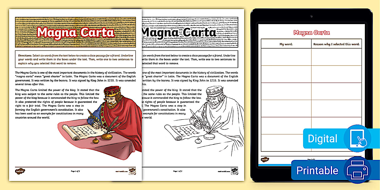 Fourth Grade Magna Carta Reverse Cloze Worksheet - Twinkl