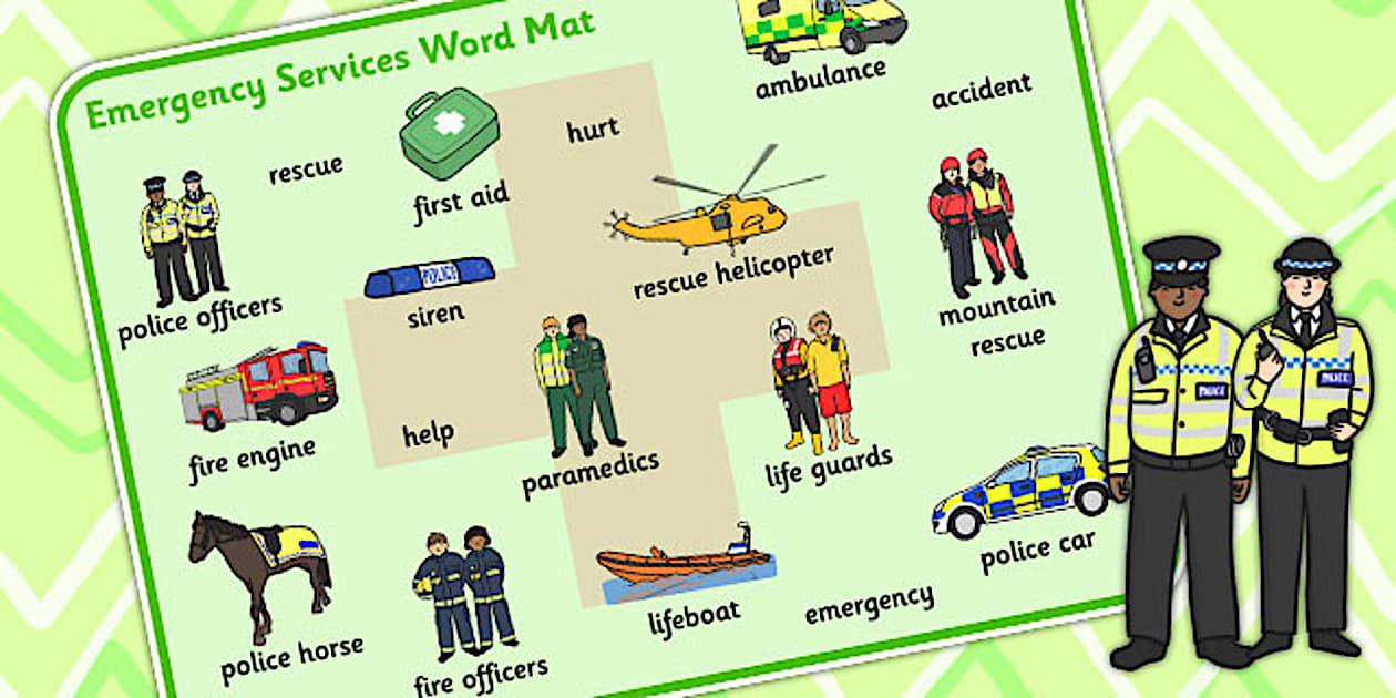 Emergency Services Word Mat - ESL Emergency Vocabulary