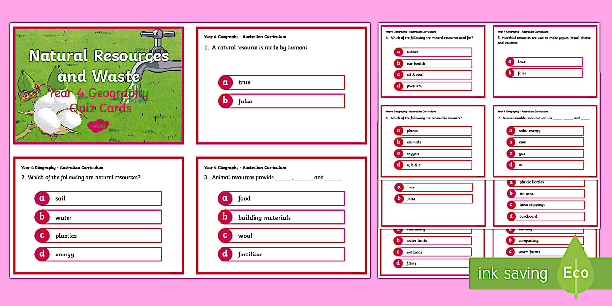 Year 4 AC Geography Natural Resources and Waste Quiz Cards
