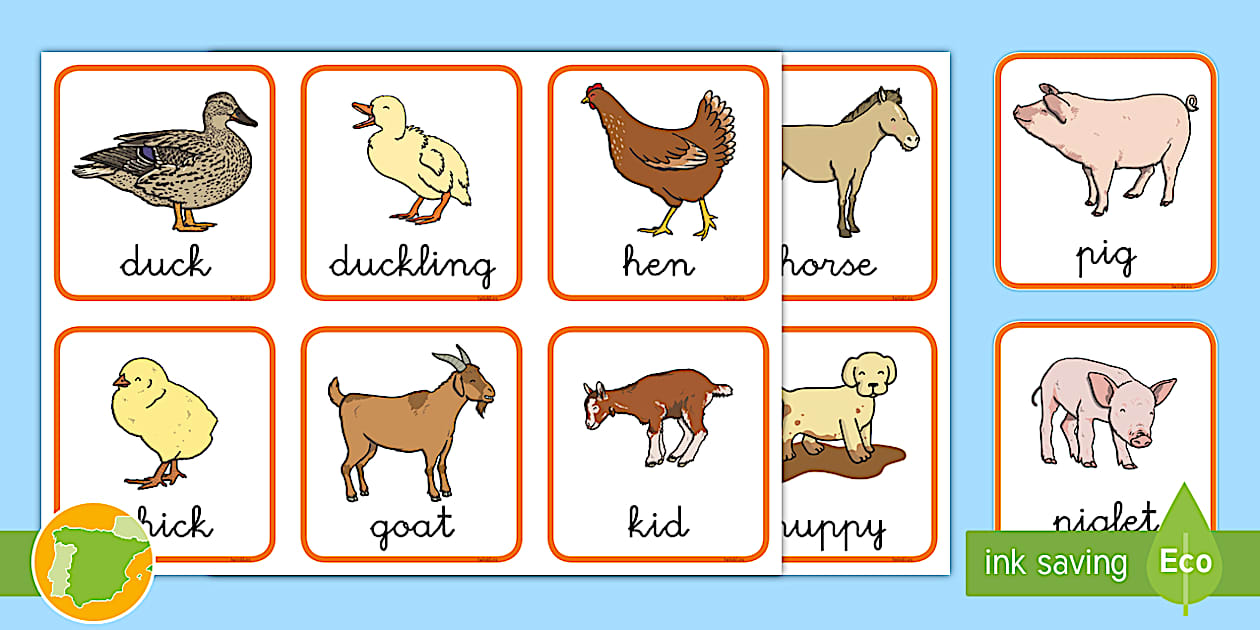 A2 Tarjetas de emparejar: Crías de animales de granja en inglés
