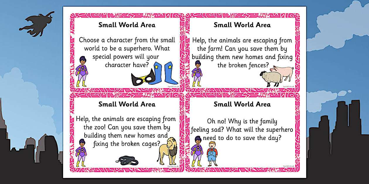 Black and White EYFS Superhero Themed Small World Area Challenge Cards