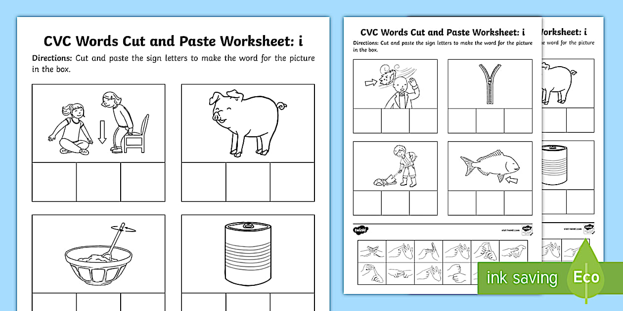 CVC Words Cut and Paste Worksheets i with British Sign Language
