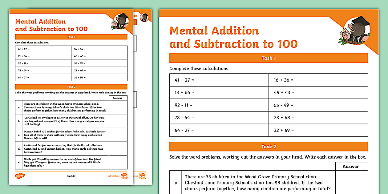 Mental Addition and Subtraction to 100 worksheets | KS1