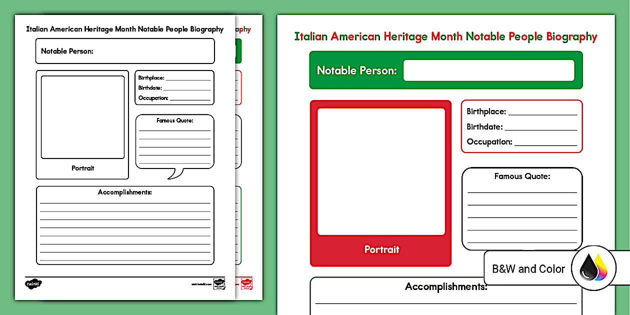 Italian American Heritage Month Notable People Biography Worksheet