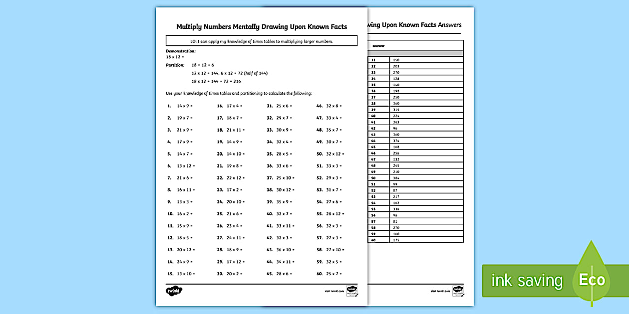 Multiply Numbers Mentally Drawing Upon Known Facts Worksheet ...