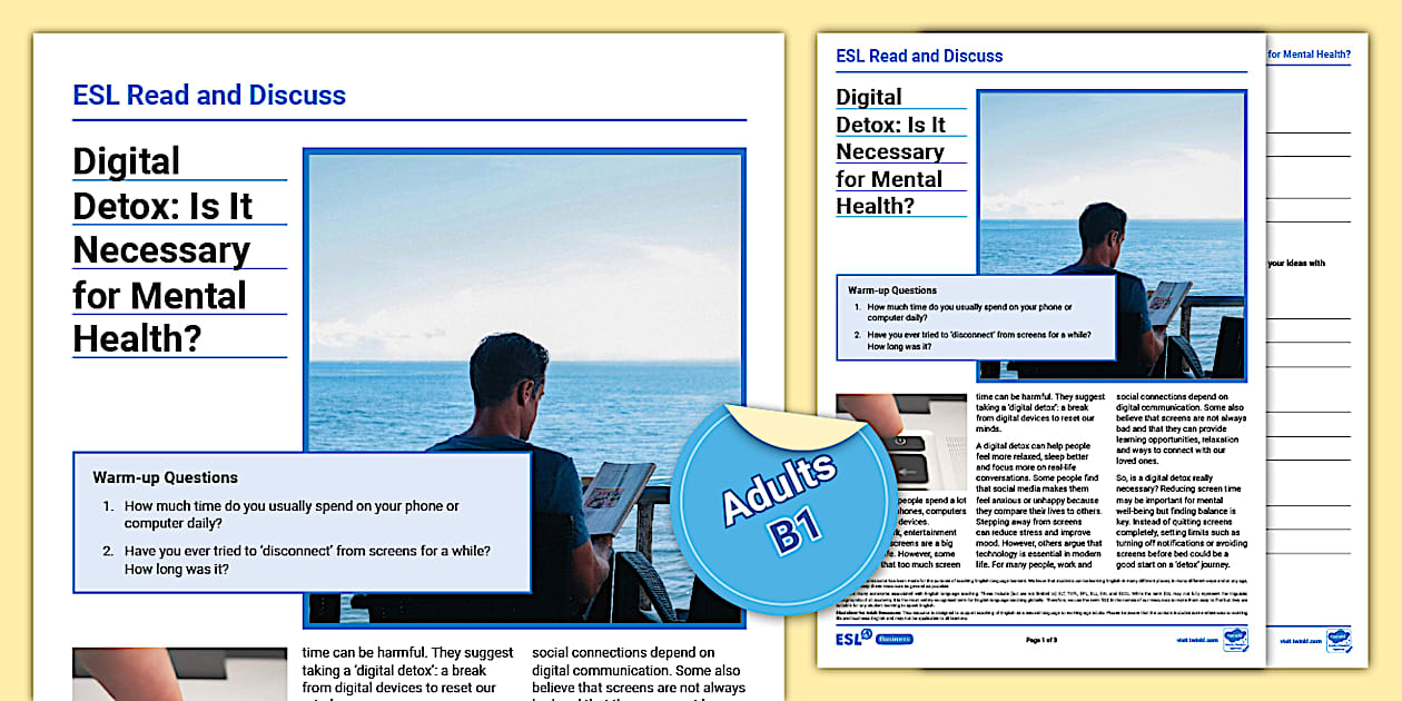 ESL Read and Discuss: Digital Detox [Adults, B1] - Twinkl